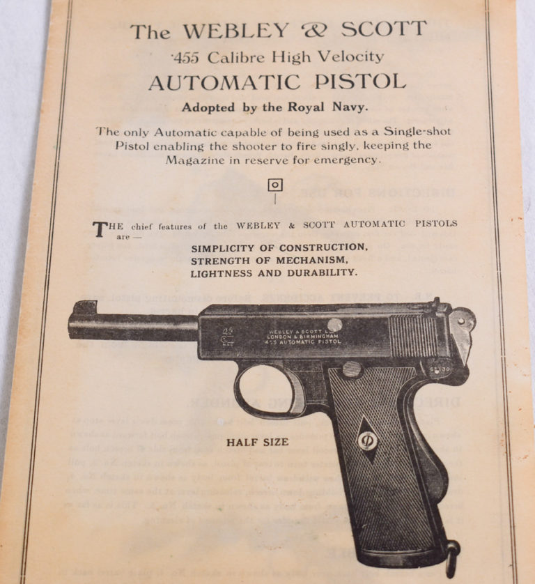 1913 WEBLEY & SCOTT SELF LOADING .455 MARK I PISTOL - Pre98 Antiques